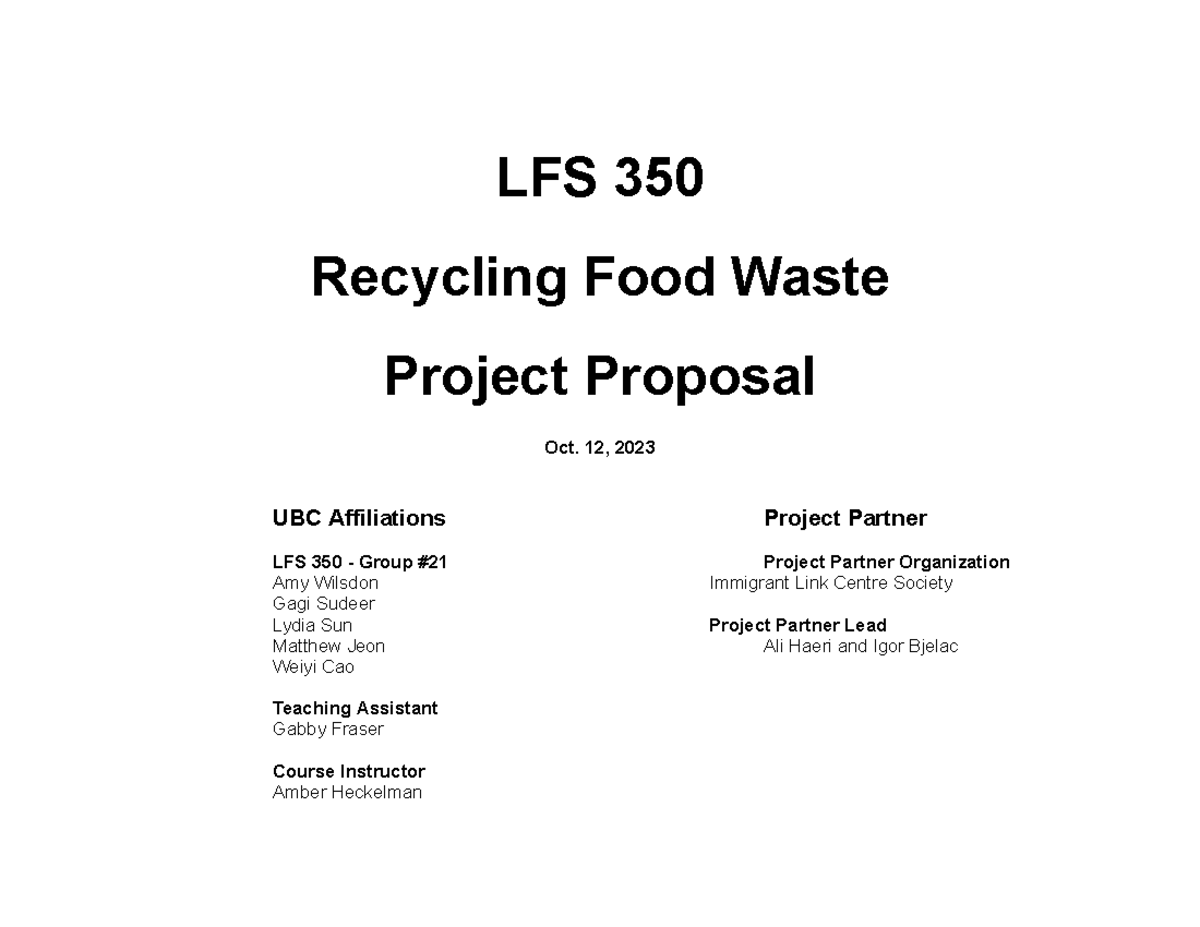LFS 350 Project Proposal Template.docx - LFS 350 Recycling Food Waste ...