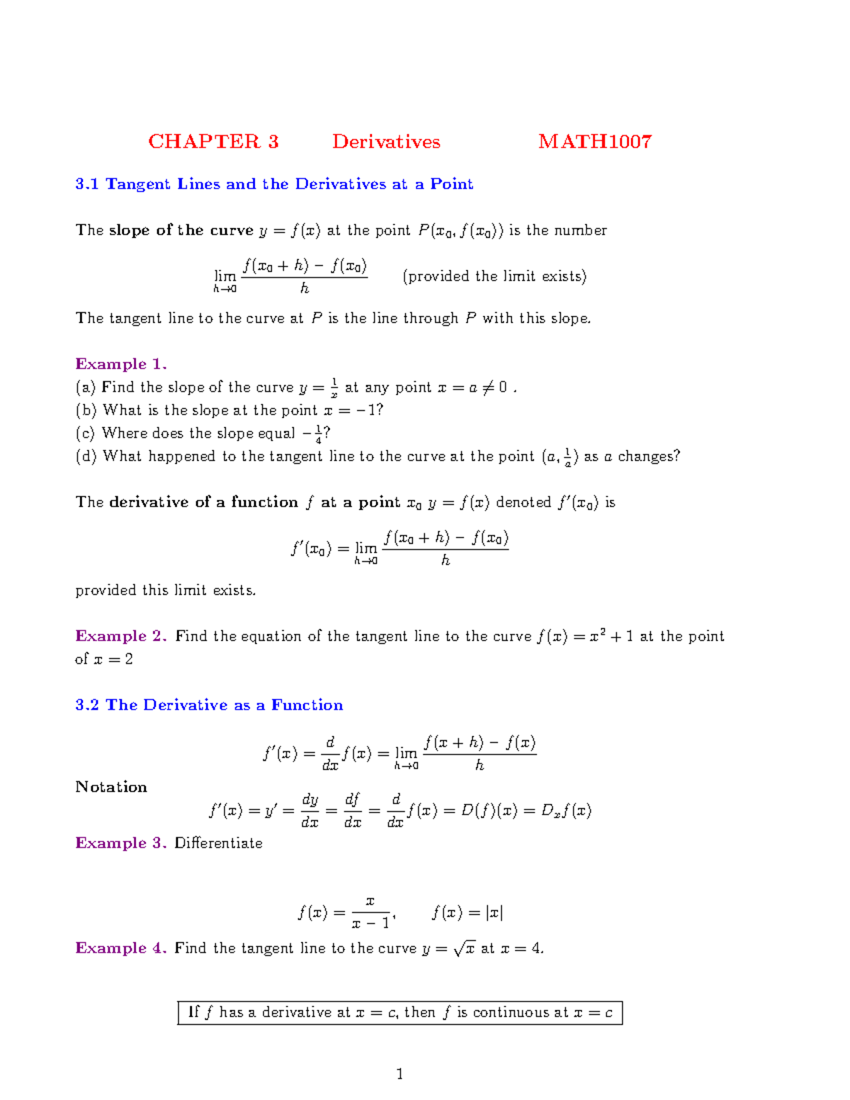 Chapter 3 - CHAPTER 3 Derivatives MATH 3 Tangent Lines and the ...