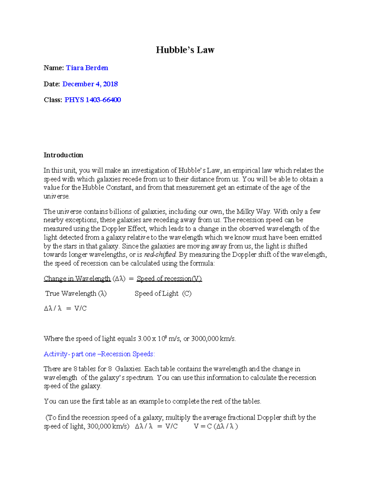 La B-Hubble Law and the Age onf Universe - Hubble’s Law Name: Tiara ...