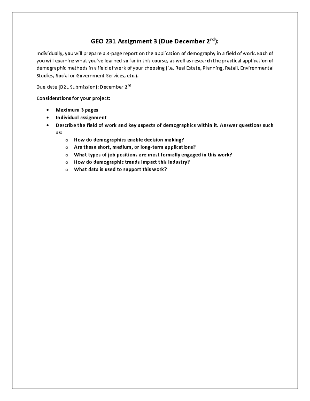 GEO 231 - Assignment 3 - 123 - GEO 231 Assignment 3 (Due December 2nd ...