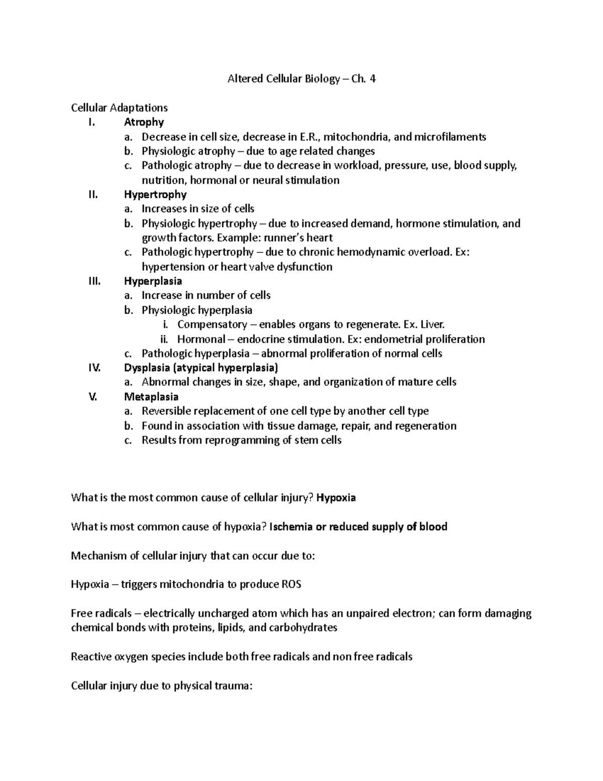 Patho Exam 1 Outline - Altered Cellular Biology – Ch. 4 Cellular Adaptations I. Atrophy a ...