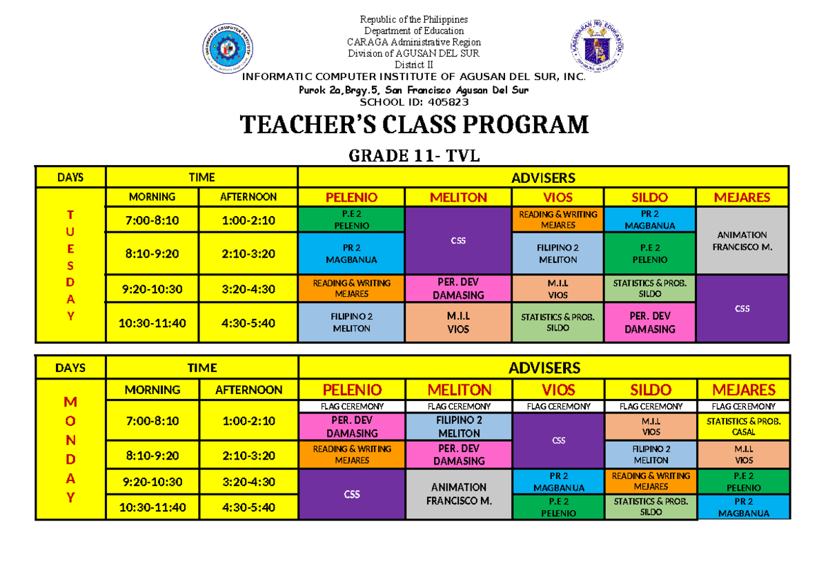 Teacher's class program - Department of Education CARAGA Administrative ...