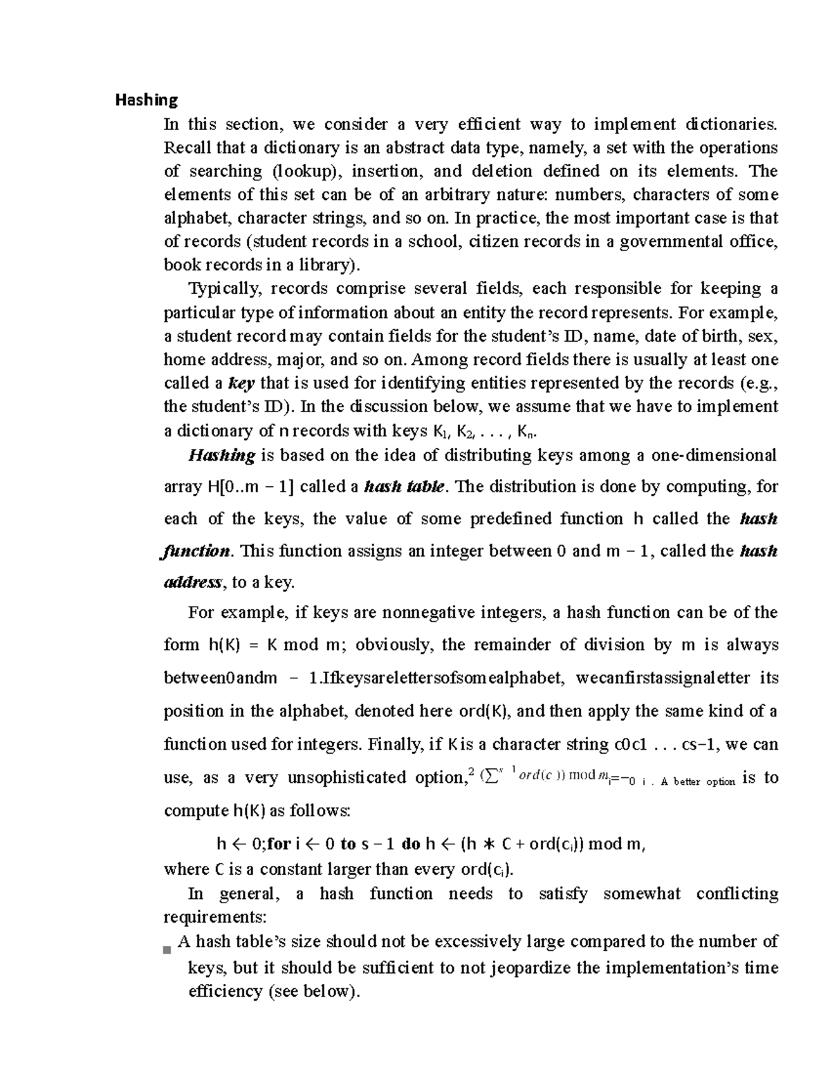 Hashing Hashing In This Section We Consider A Very Efficient Way To Implement Dictionaries