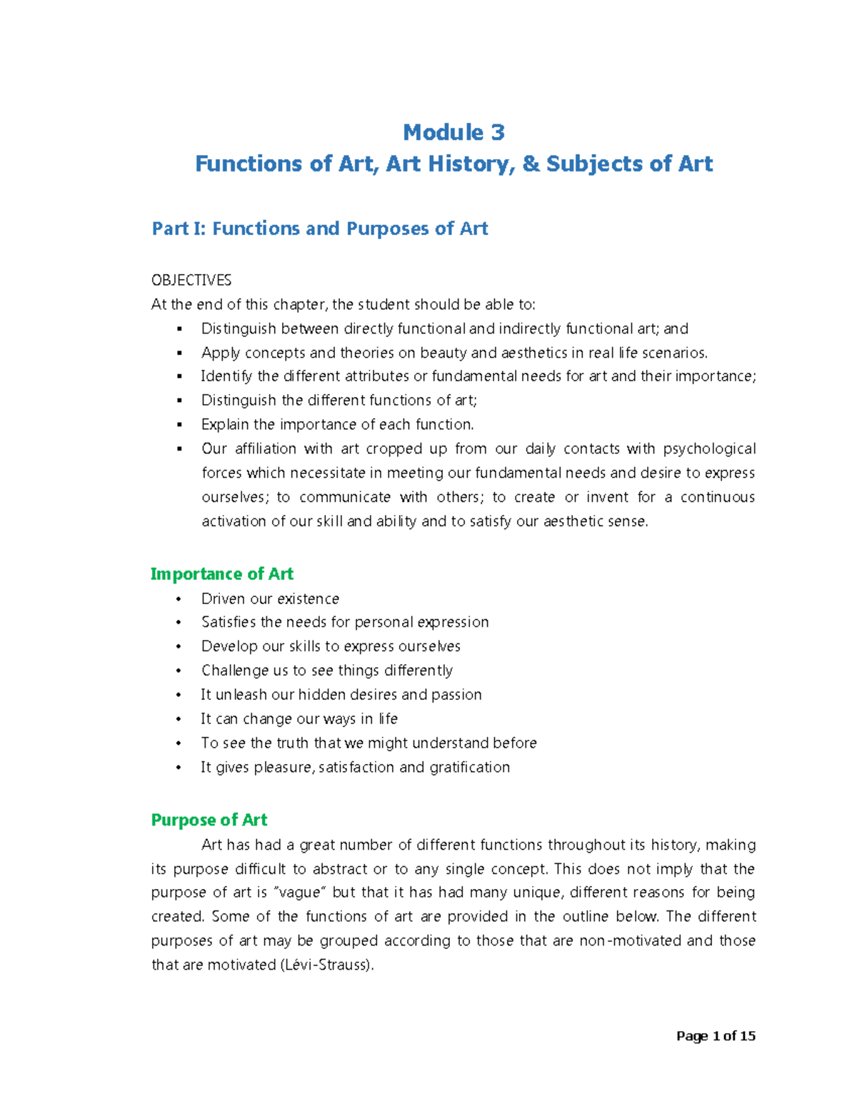 Art 21 (Module 3) - Module 3 Functions of Art, Art History, & Subjects of Art Part I: Functions ...