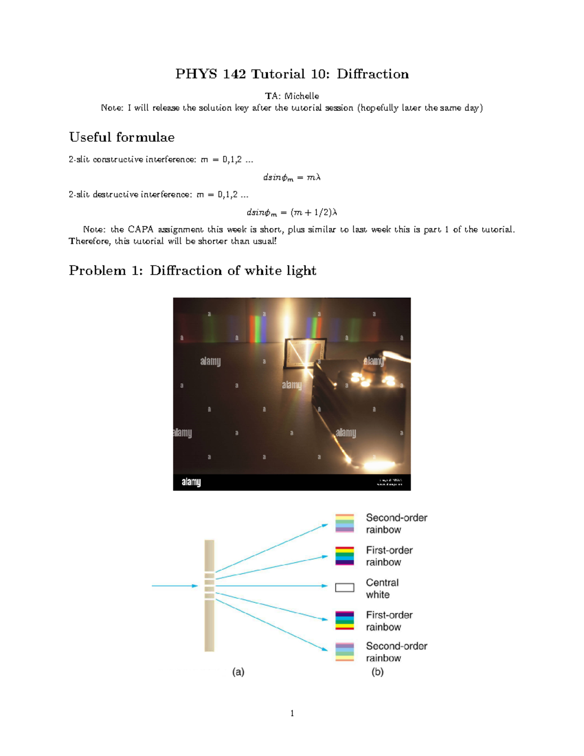 PHYS 142 Tutorial 10 diffraction - PHYS 142 Tutorial 10: Diffraction TA: Michelle Note: I will ...