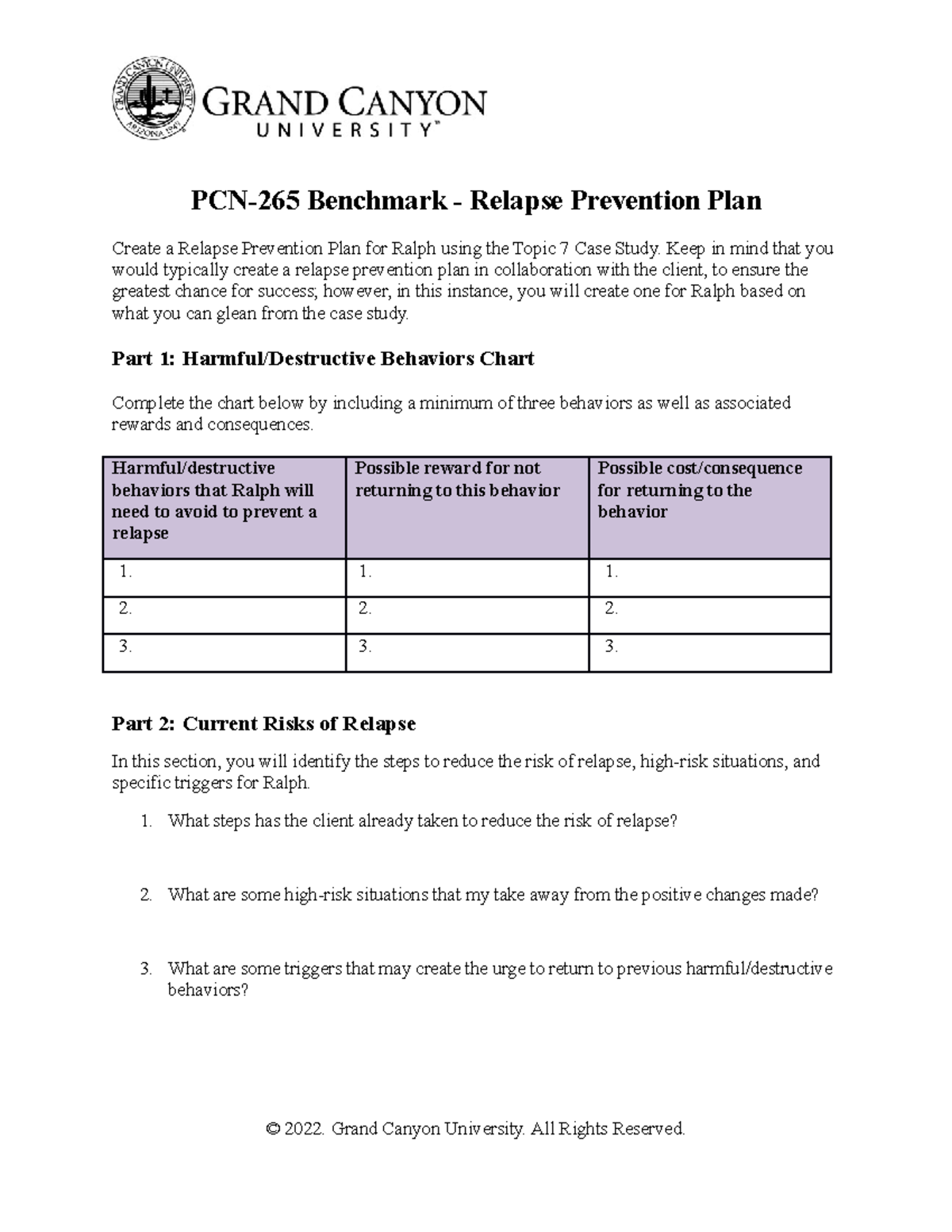 Relapse Prevention Plan Template - PCN-265 Benchmark - Relapse ...