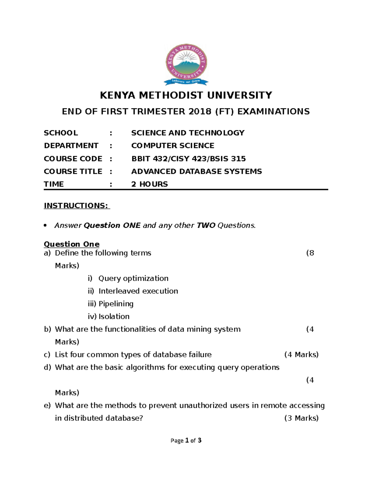 Advanced Database Systems(B BIT 432)(CISY 423)(BSIS 315) 1ST Trimester 2018 - Copy - KENYA ...