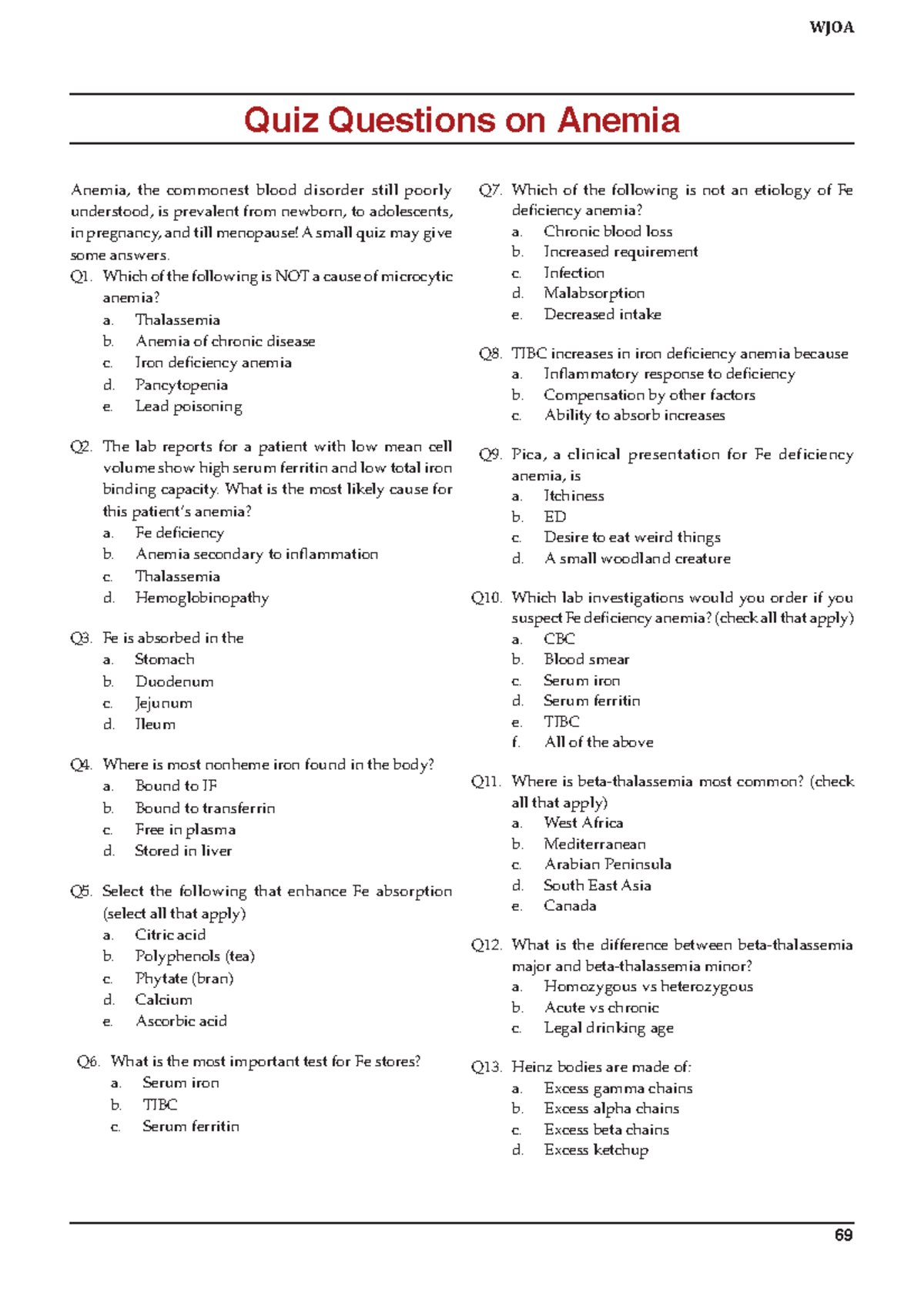 Wjoa-1-69 - Khdkh - WJOA 69 Quiz Questions on Anemia Anemia, the ...