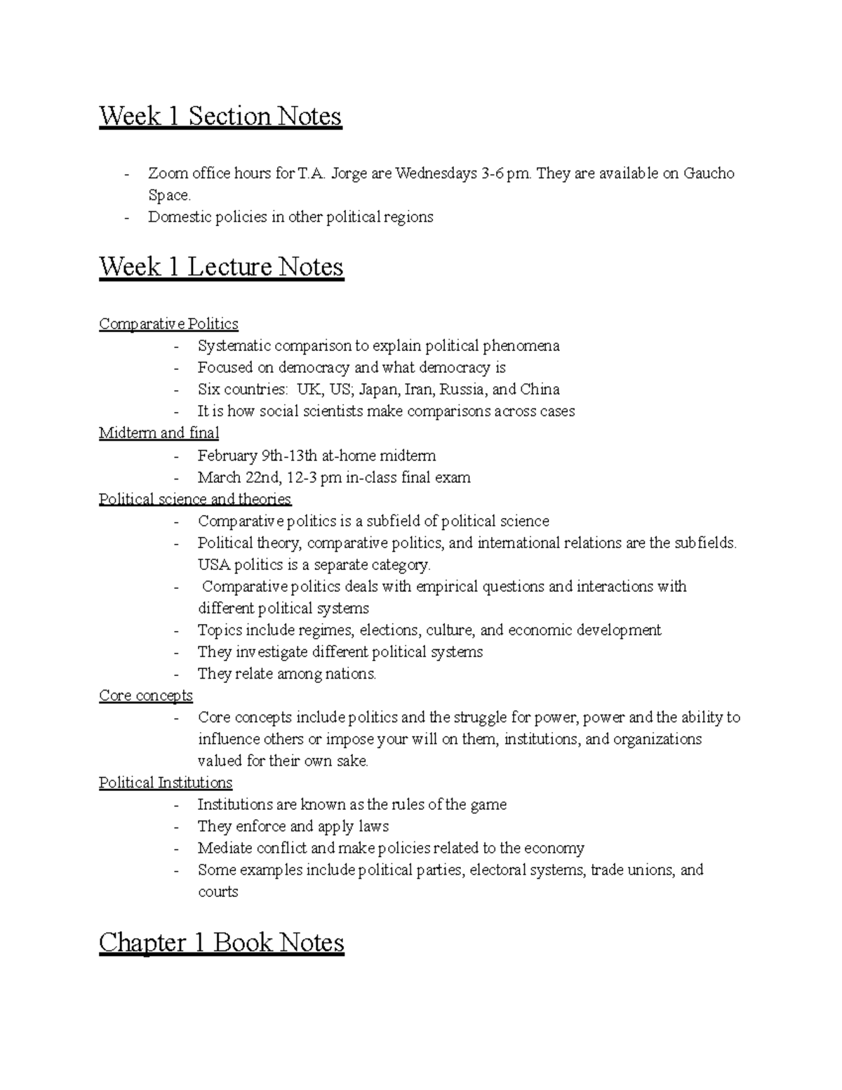 Poli Sci 6 - Notes 1 - Week 1 Section Notes Zoom office hours for T ...