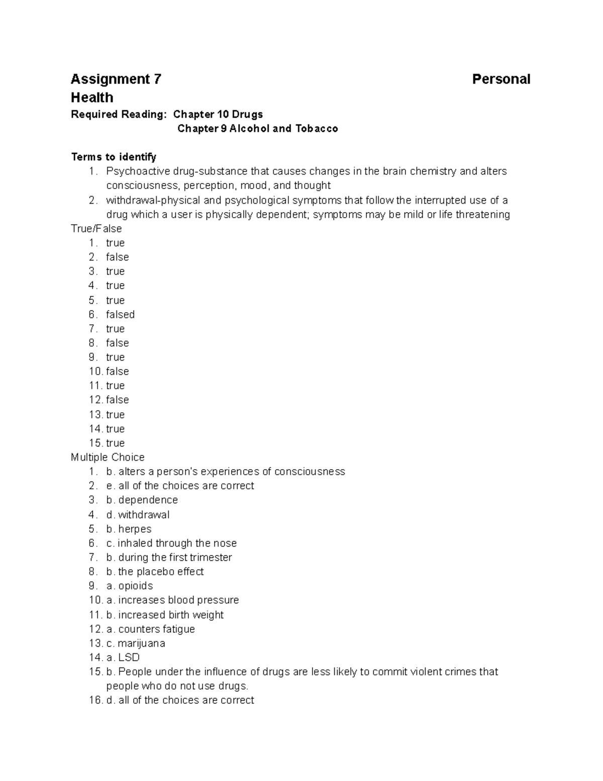 Assignment seven - Assignment 7 Personal Health Required Reading ...