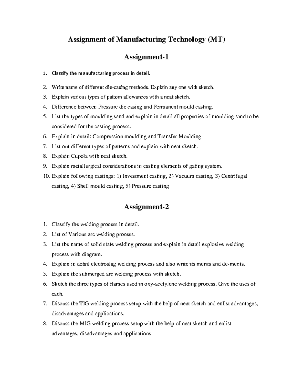 MT Assignment - Assignment of Manufacturing Technology (MT) Assignment ...