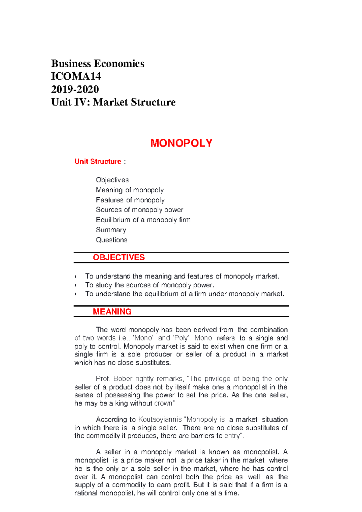 Market structure - Monopoly - Business Economics ICOMA 2019- Unit IV ...