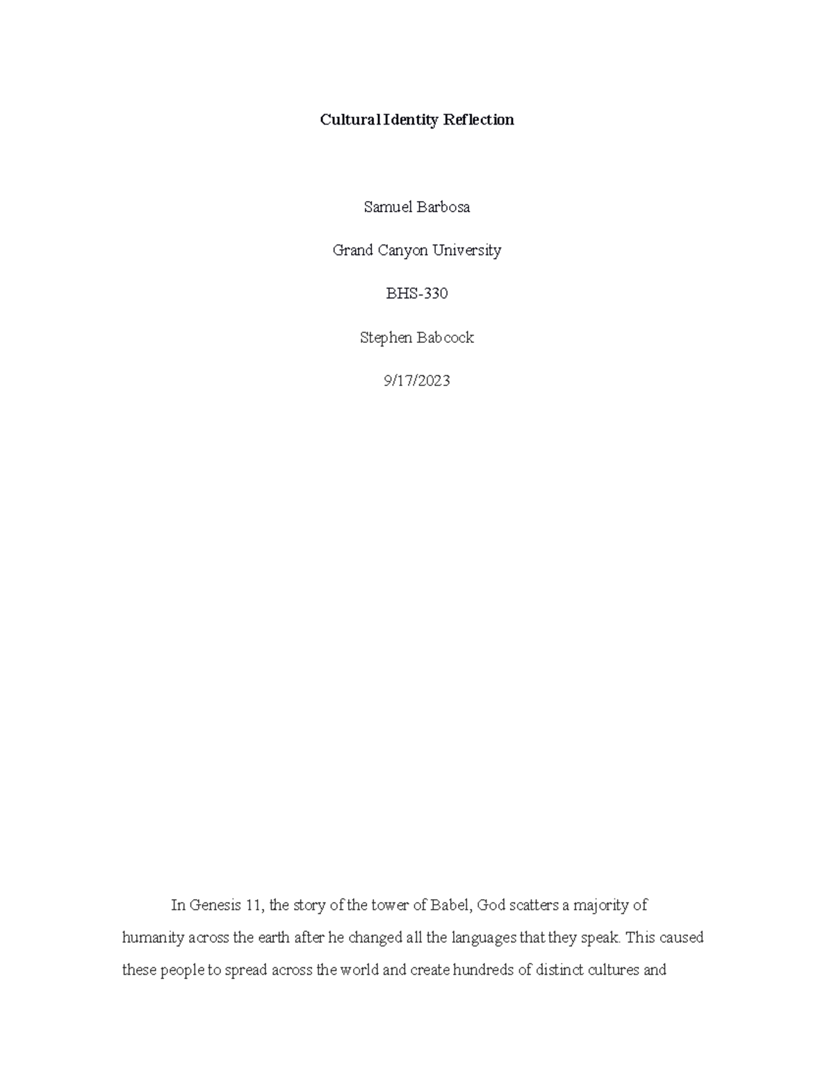 Cultural Identity Paper - Cultural Identity Reflection Samuel Barbosa ...