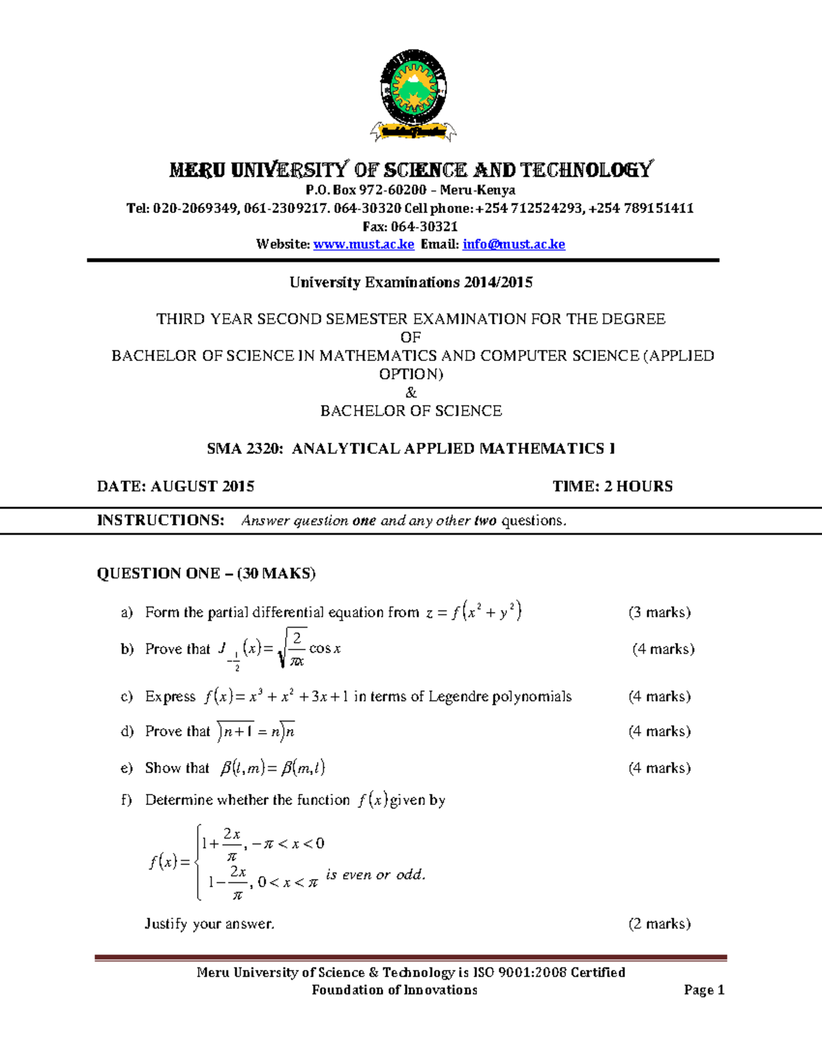 SMA 2320 Analytical Appied Mathematics I - Meru University of Science & Technology is ISO - Studocu