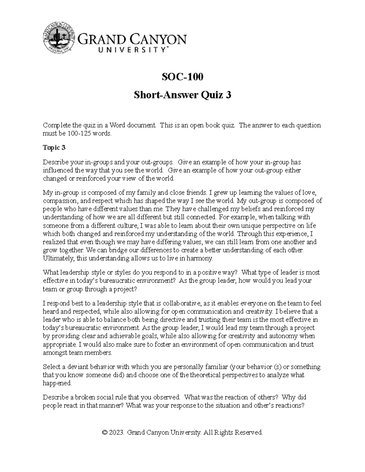 SOC-100.Short-Answer Quiz 3 1-8-18 - SOC-100 - GCU - Studocu