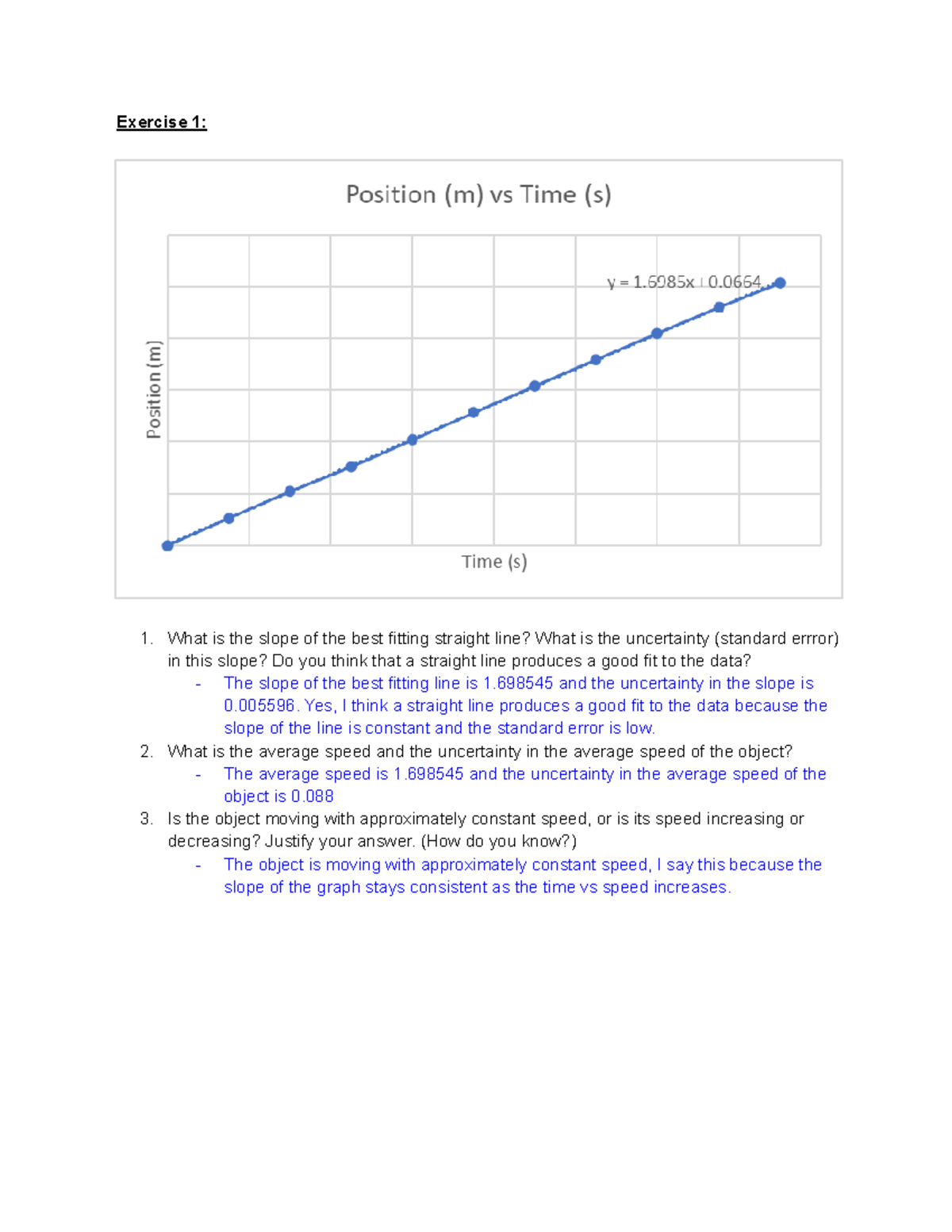 Physics Lab 1 - Exercise 1: 1. What is the slope of the best fitting ...