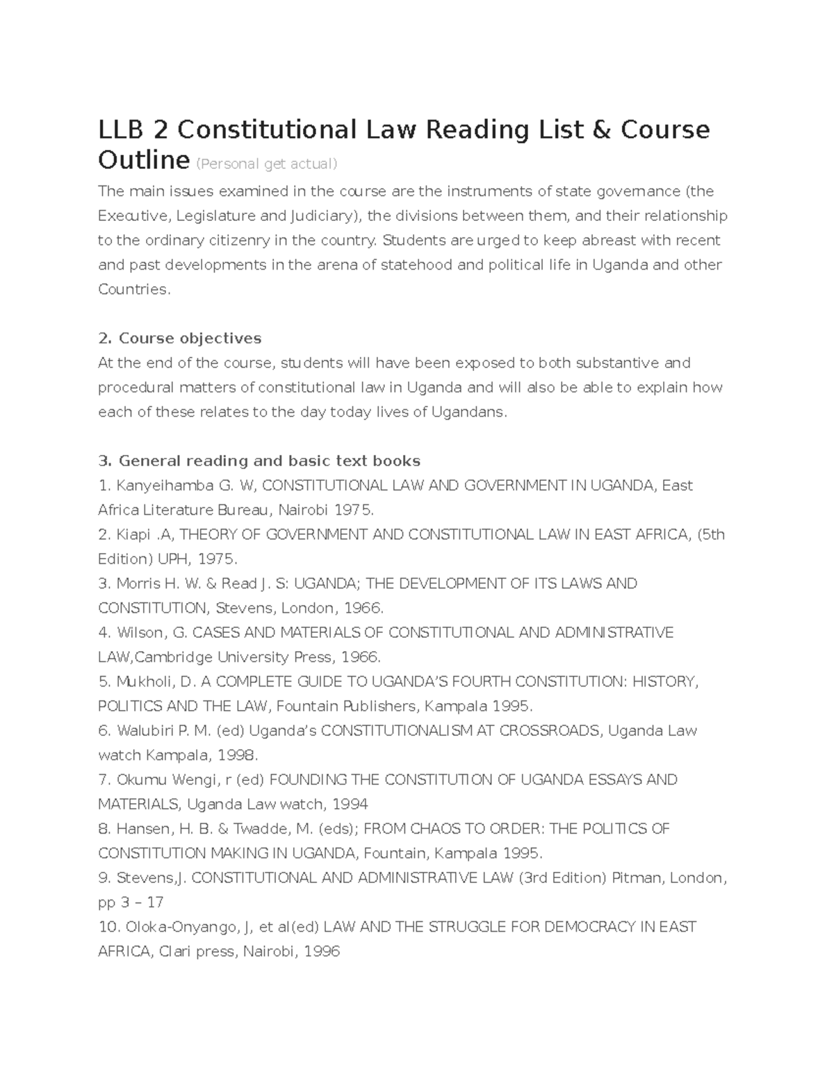 Reading list for Constitutional 2,Year 1 - LLB 2 Constitutional Law ...