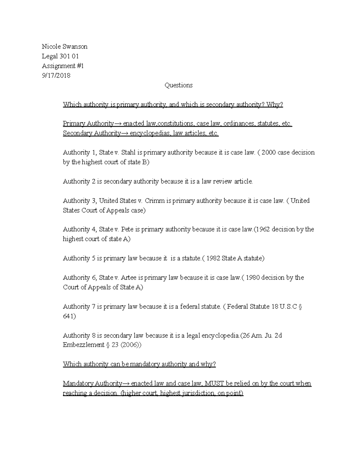 Legal 301 01 assignment 1 - Nicole SwansonLegal 301 01 Assignment #19 ...