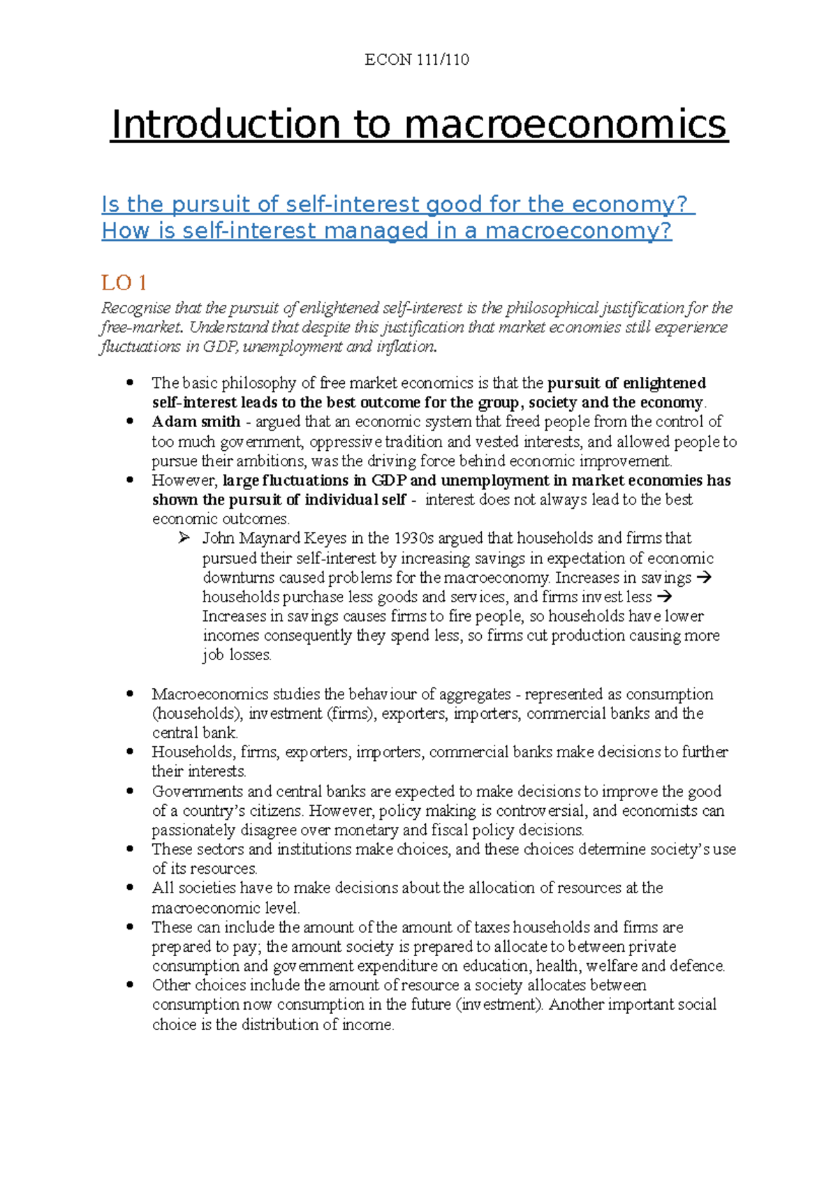 ECOn 110 Full Notes - Introduction to macroeconomics Is the pursuit of ...
