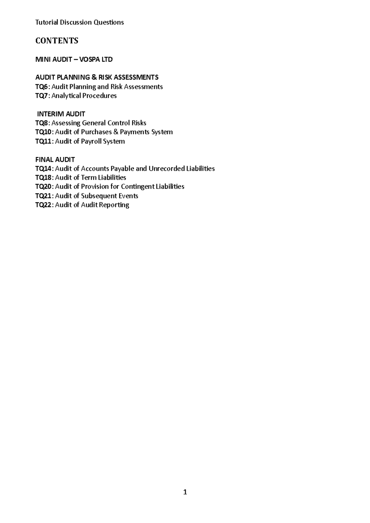 Tutorial Mini Audit Vospa Ltd Questions purchase set - CONTENTS MINI ...