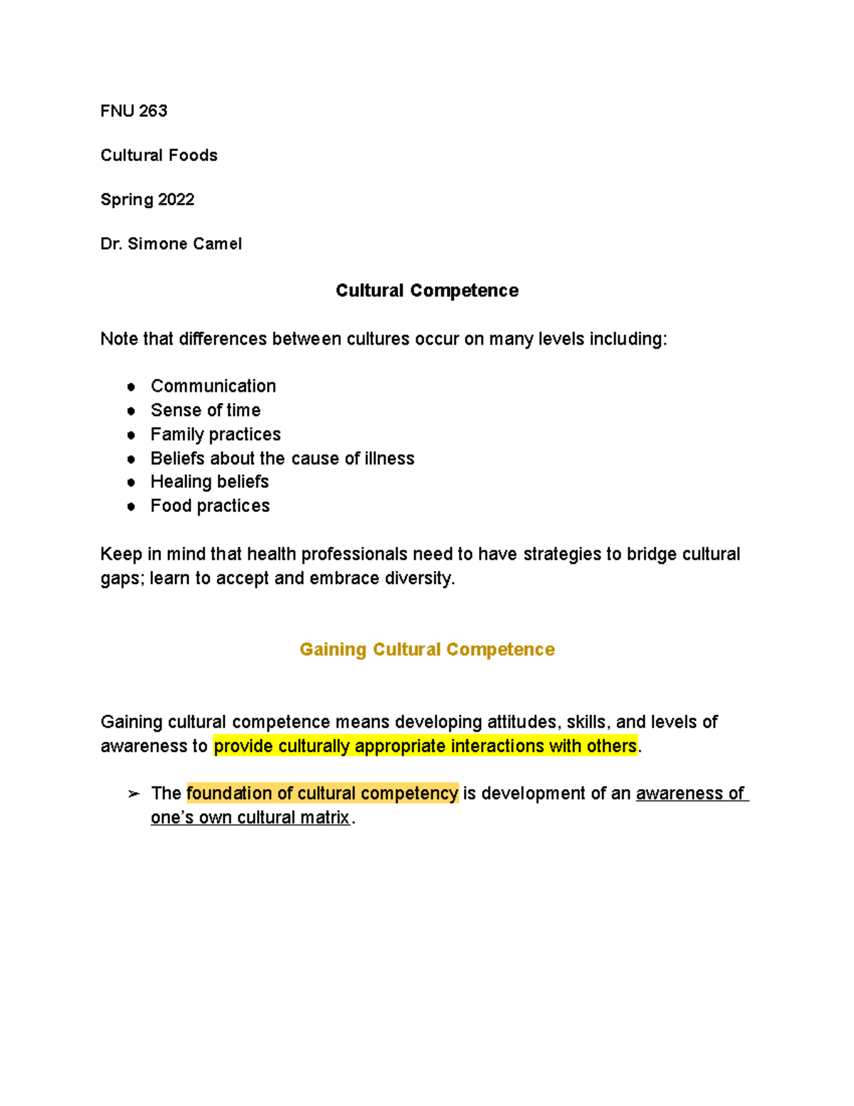 FNU 263 Cultural Foods Cultural Competence - FNU 263 Cultural Foods ...