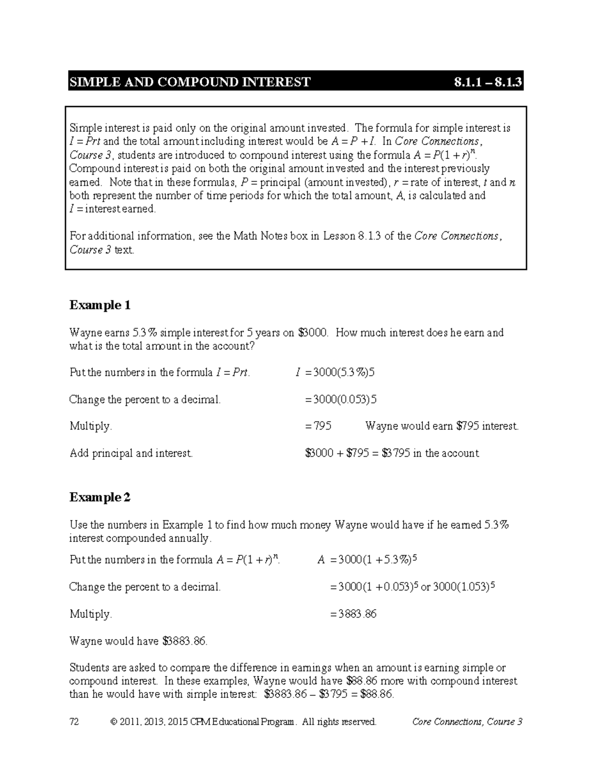 Simple Interest Activity - 72 © 2011, 2013 , 2015 CPM Educational ...
