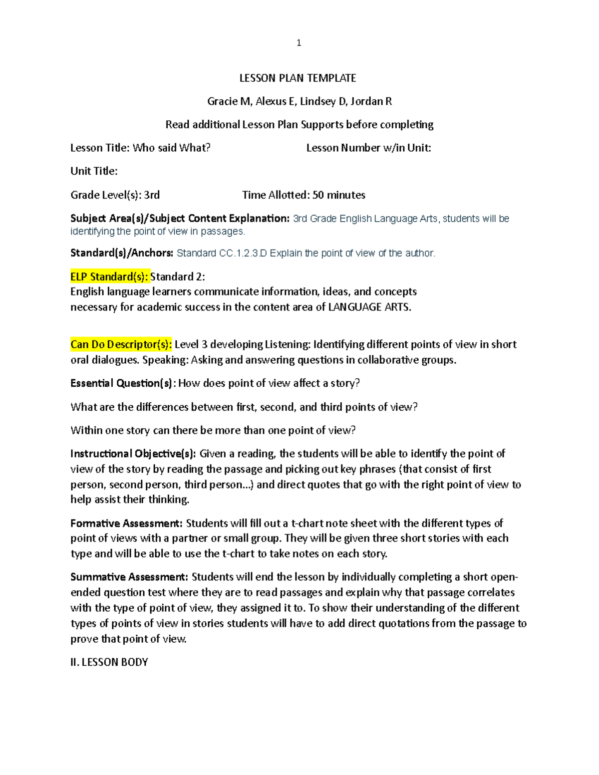 Lesson Plan 2 - For Dr. Everett - 1 LESSON PLAN TEMPLATE Gracie M ...