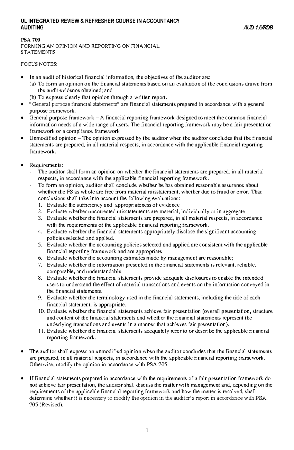 AUD 1.6 Audit Report PSA700 701 705 706 acc308-309 422 refresher ...