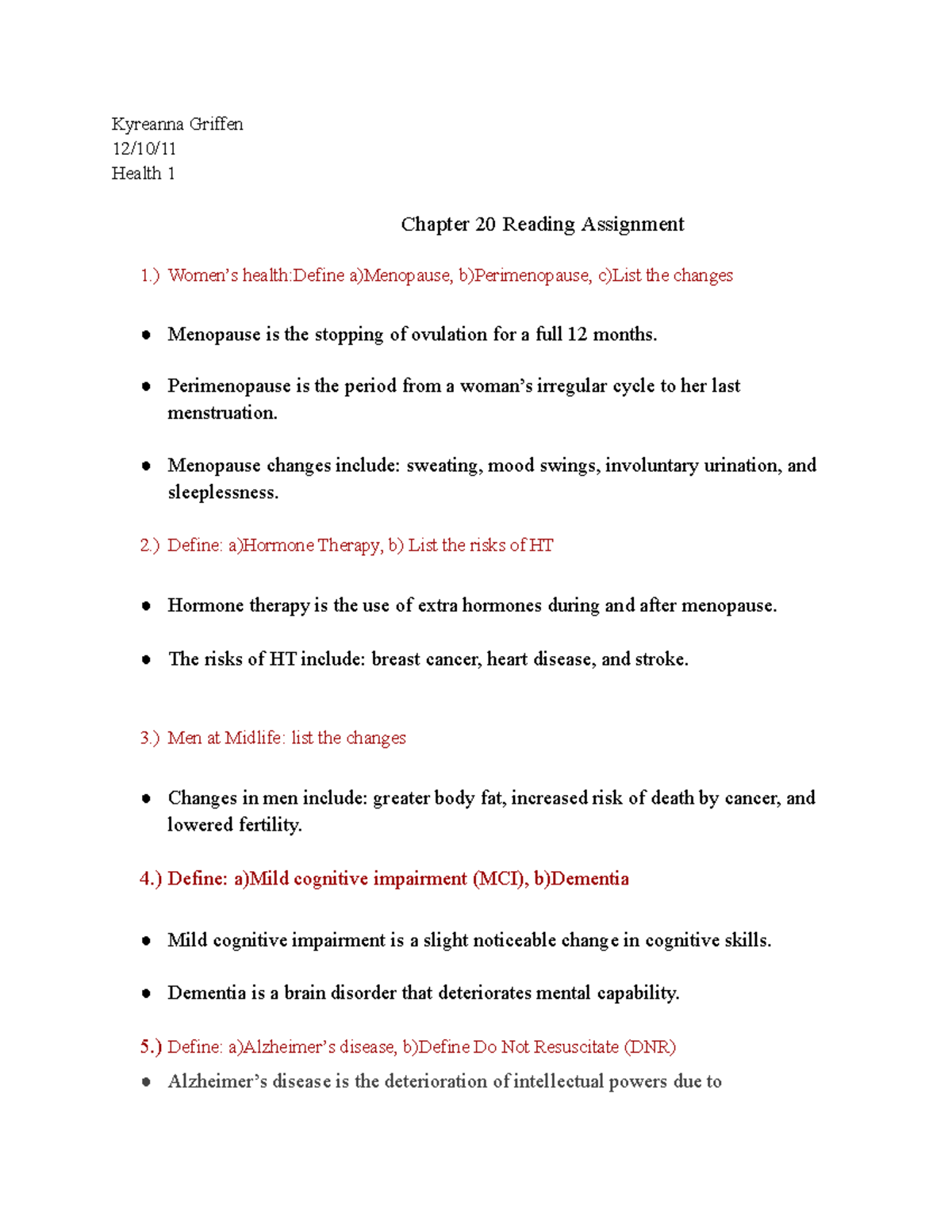 Chapter 20 Reading Assignment - Kyreanna Griffen 12/10/ Health 1 Chapter 20 Reading Assignment 1 ...