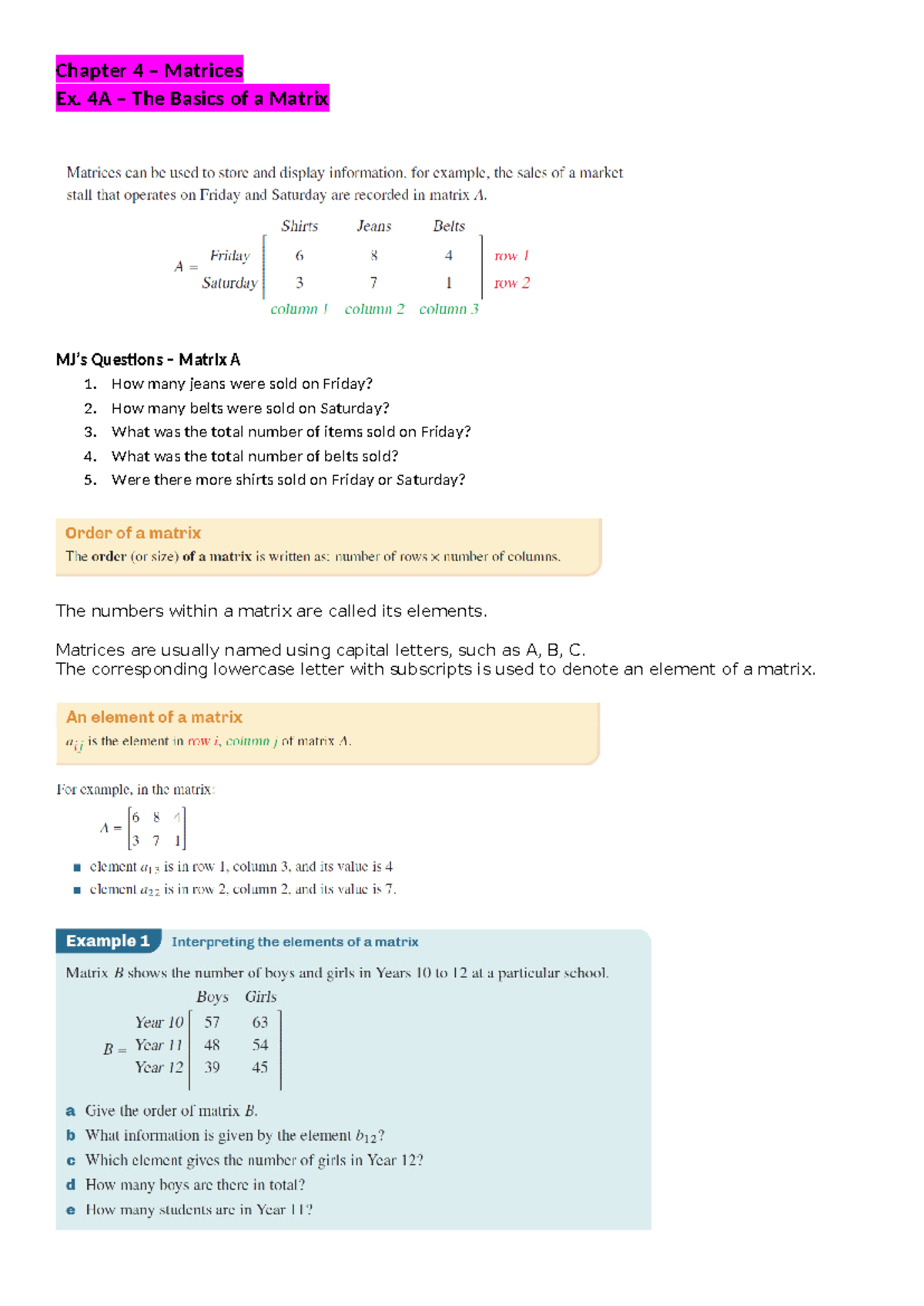 Chapter 4 - Matrices Summary Notes - Chapter 4 – Matrices Ex. 4A – The ...