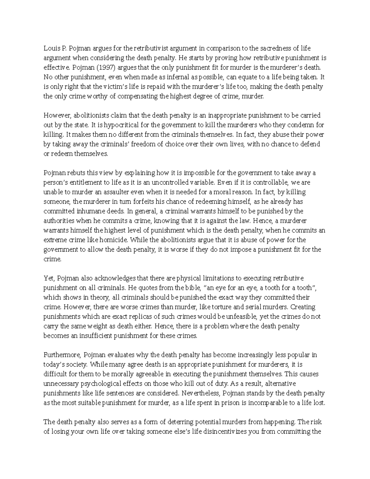 FASS1101 summary assignment - Louis P. Pojman argues for the ...