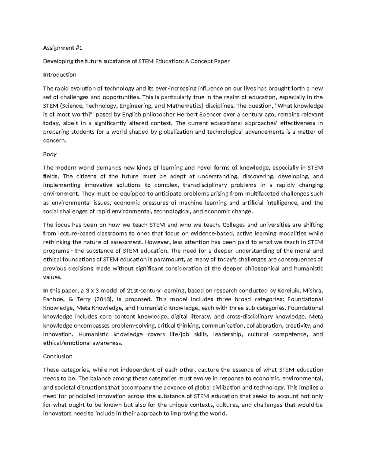 Assignment#1 EAPP - Assignment # Developing the future substance of STEM Education: A Concept ...