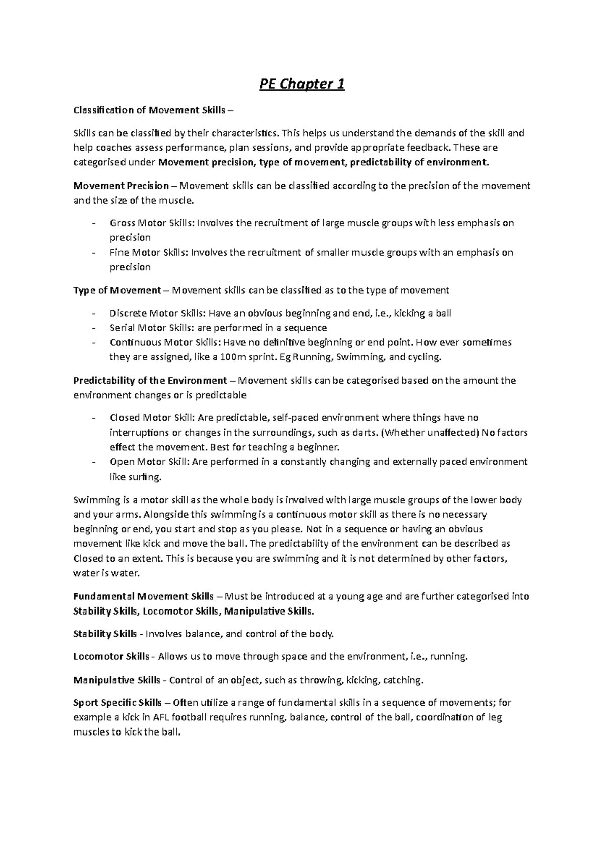 PE Chapter 1 Notes - u3 aos1 - PE Chapter 1 Classification of Movement ...