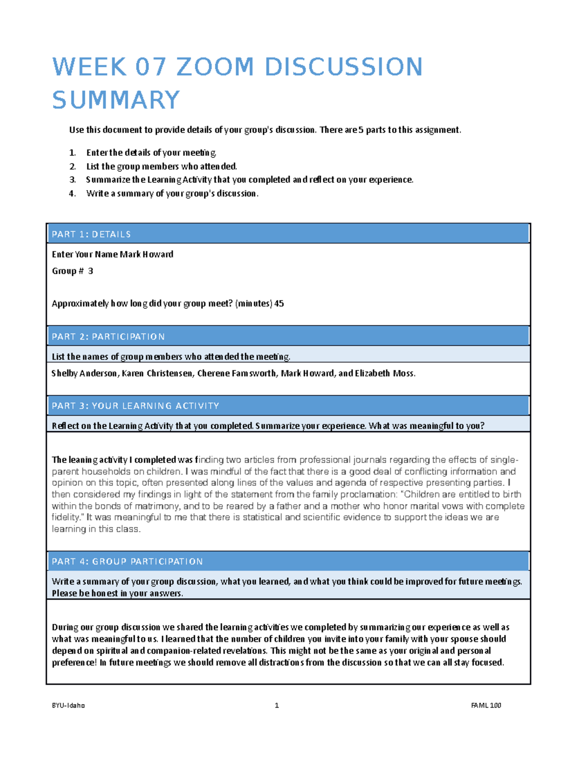 Faml100 document w07Zoom Summary - WEEK 07 ZOOM DISCUSSION SUMMARY Use ...