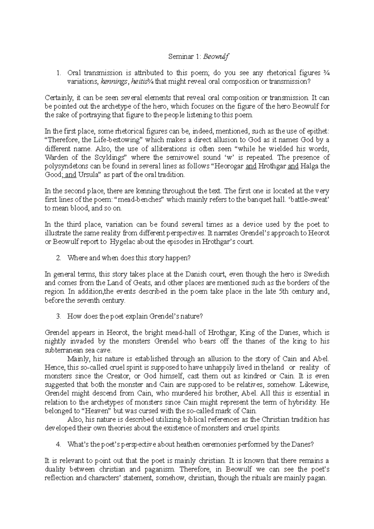 Seminar 1 Beowulf - Seminar 1: Beowulf 1. Oral transmission is ...