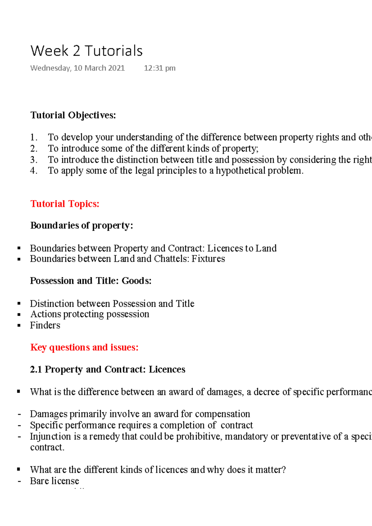 Week 2 Tutorial note for property law - Tutorial Objectives: To develop ...