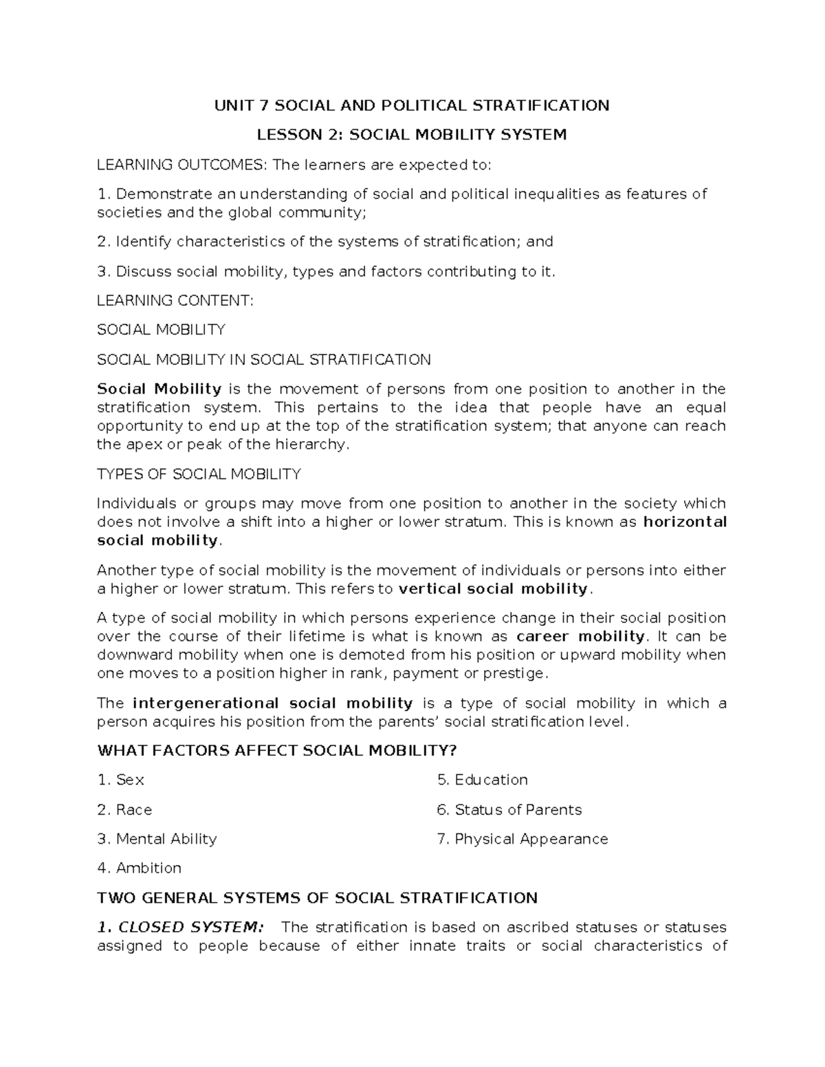 Z2. UCSP UNIT 7, Lesson 2 Social Mobility System - UNIT 7 SOCIAL AND ...