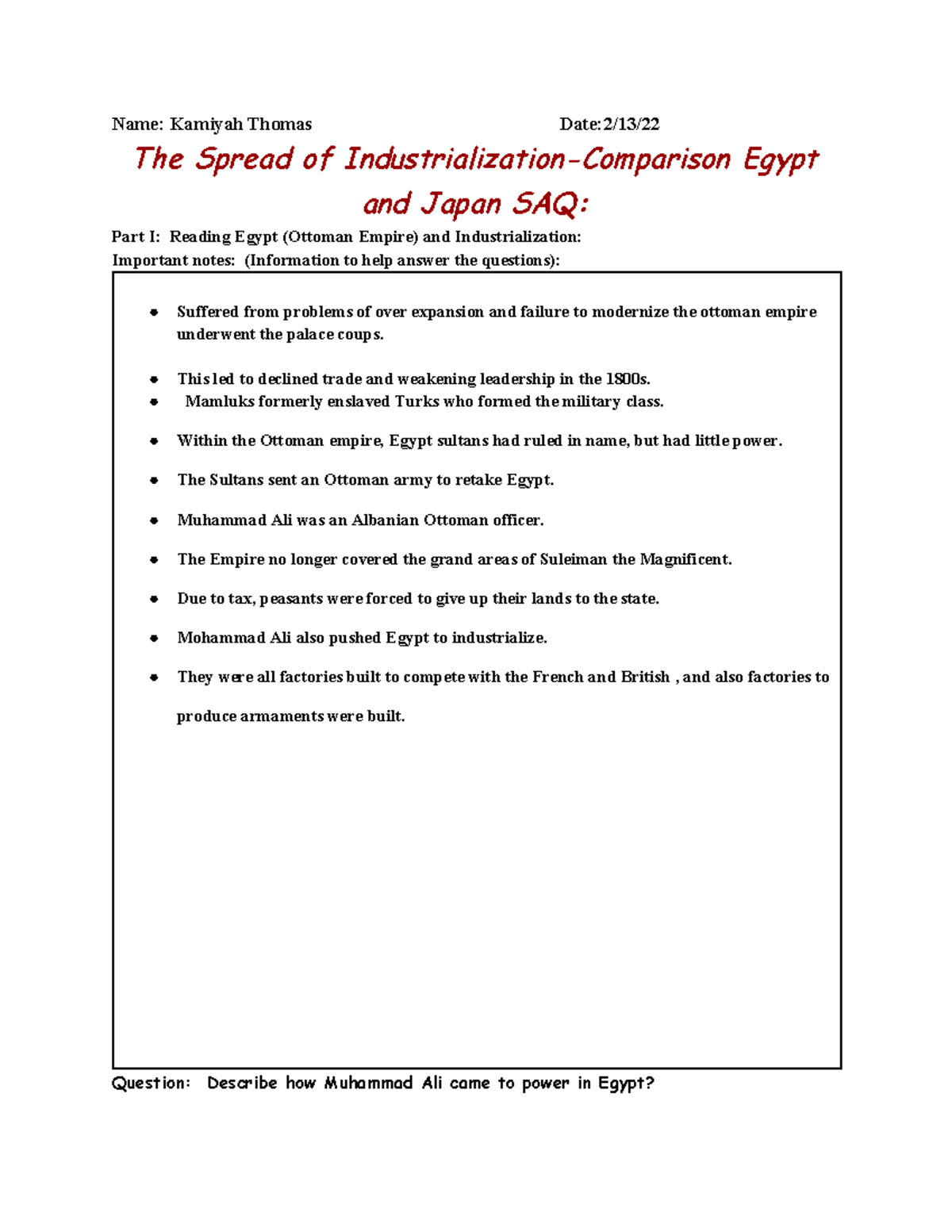 The Spread of Industrialization-Comparison Egypt and Japan SAQ - Name ...