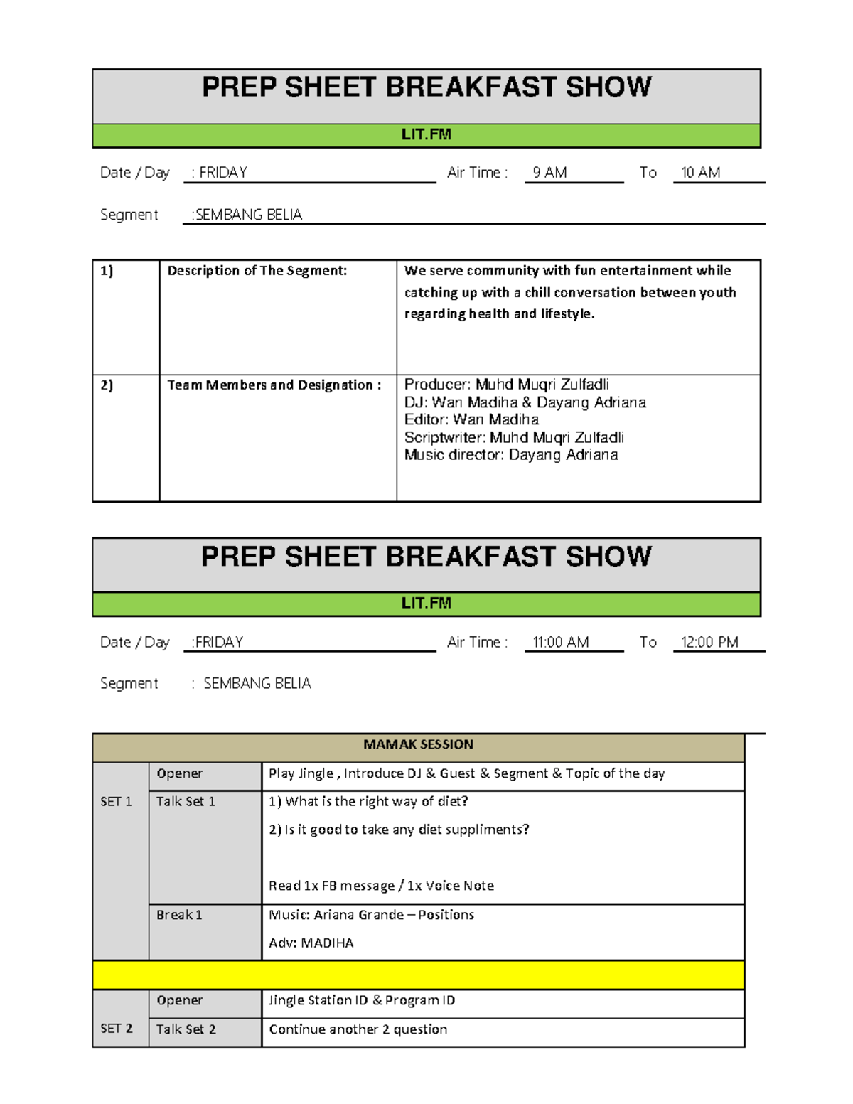 PREP Sheet Breakfast SHOW - PREP SHEET BREAKFAST SHOW LIT Date / Day ...