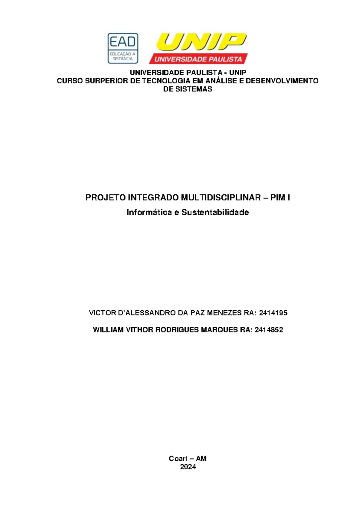PIM I - Informática e Sustentabilidade - UNIVERSIDADE PAULISTA - UNIP ...