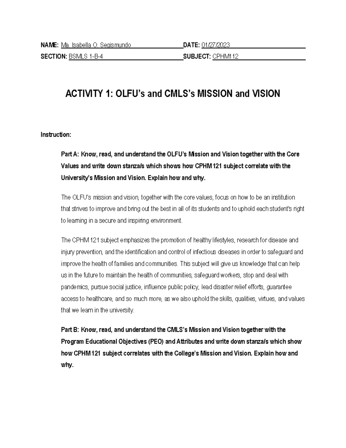 Activity 1 CPHM - NAME: Ma. Isabella O. Segismundo DATE: 01/27/ SECTION ...