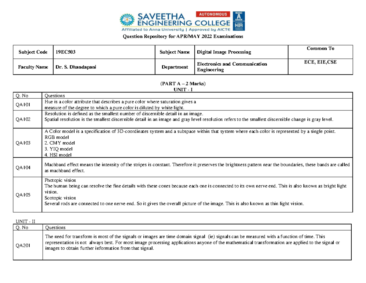 19EC503 - Answer Key - Digital Image Processing - Question Repository for APR/MAY 2022 ...