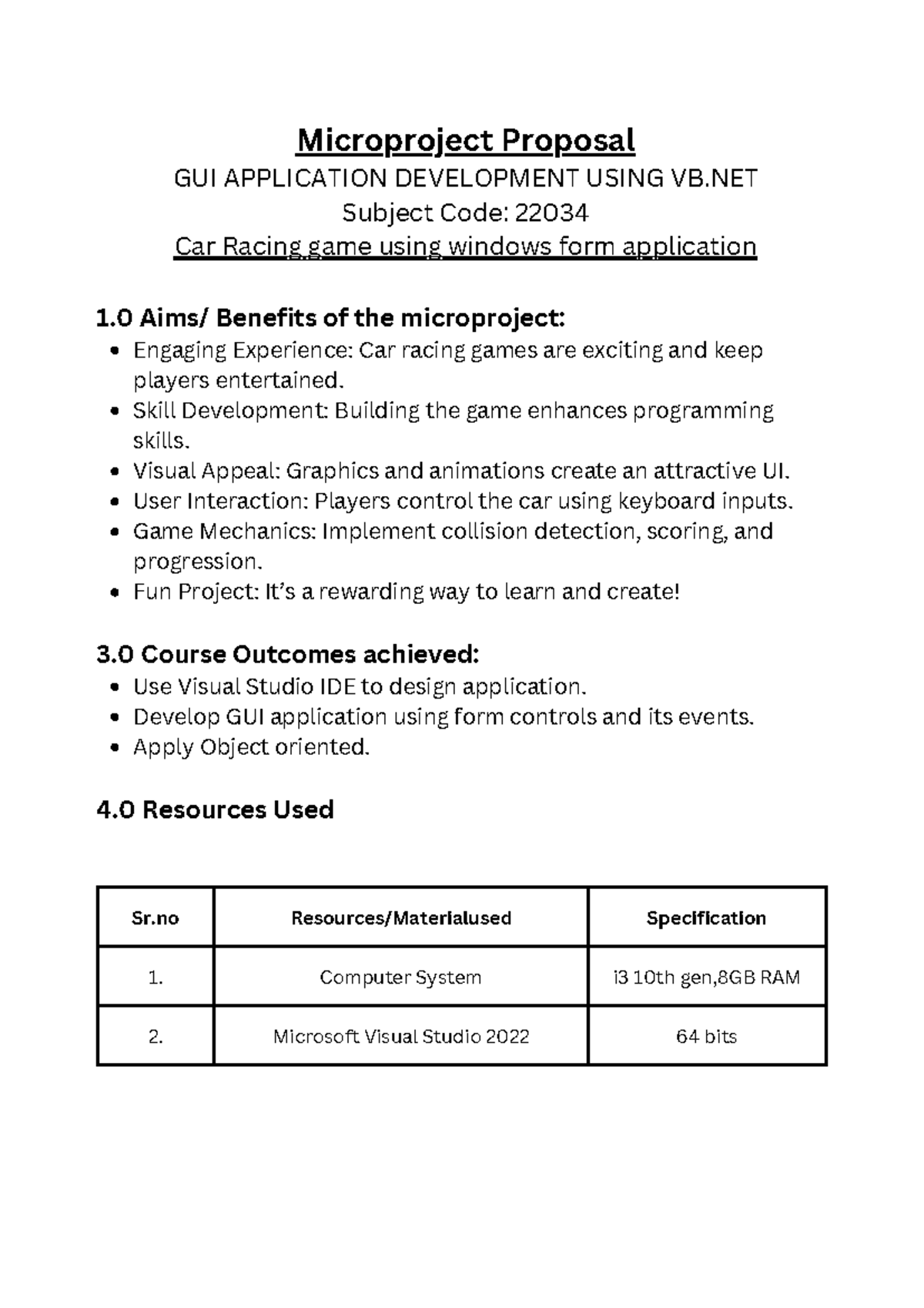 Microproject Proposal GUI Application Development Using VB.NET Subject Code 22034 Car Racing ...