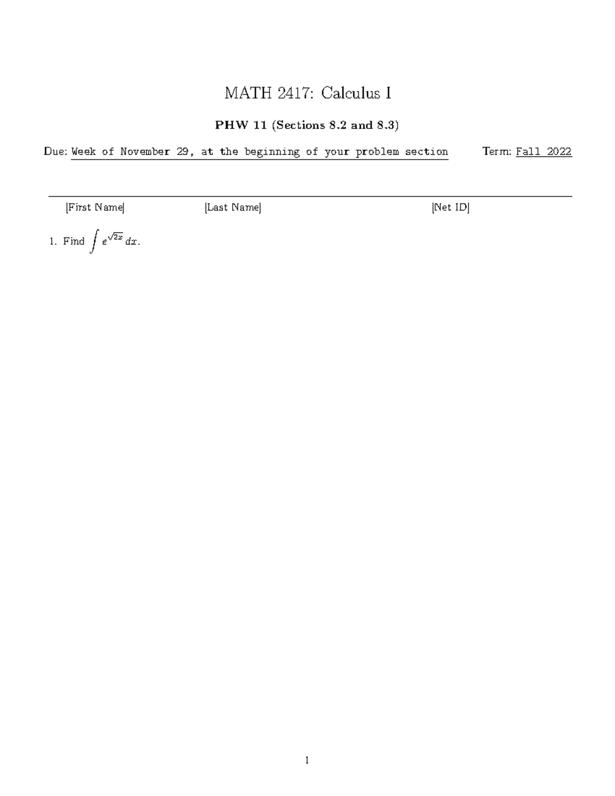 PHW11 - MATH 2417 homework answers - MATH 2417: Calculus I PHW 11 ...