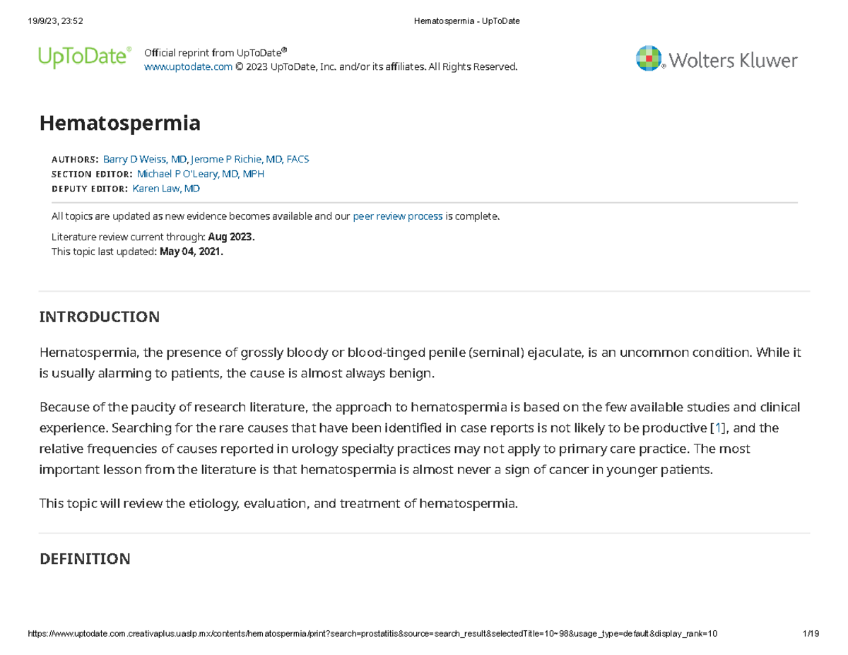 Hematospermia - Up To Date - Official reprint from UpToDate uptodate ...