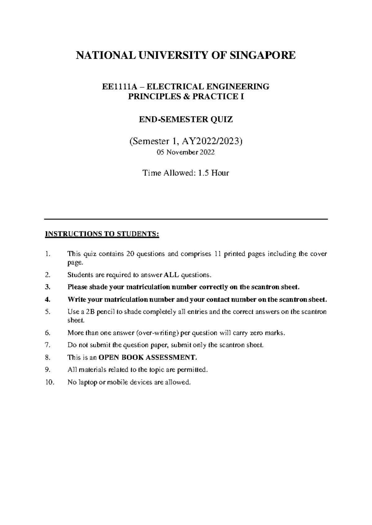 EE1111A Quiz 2 Sem1 AY22-23 (with correct answers highlighted) - NATIONAL UNIVERSITY OF ...