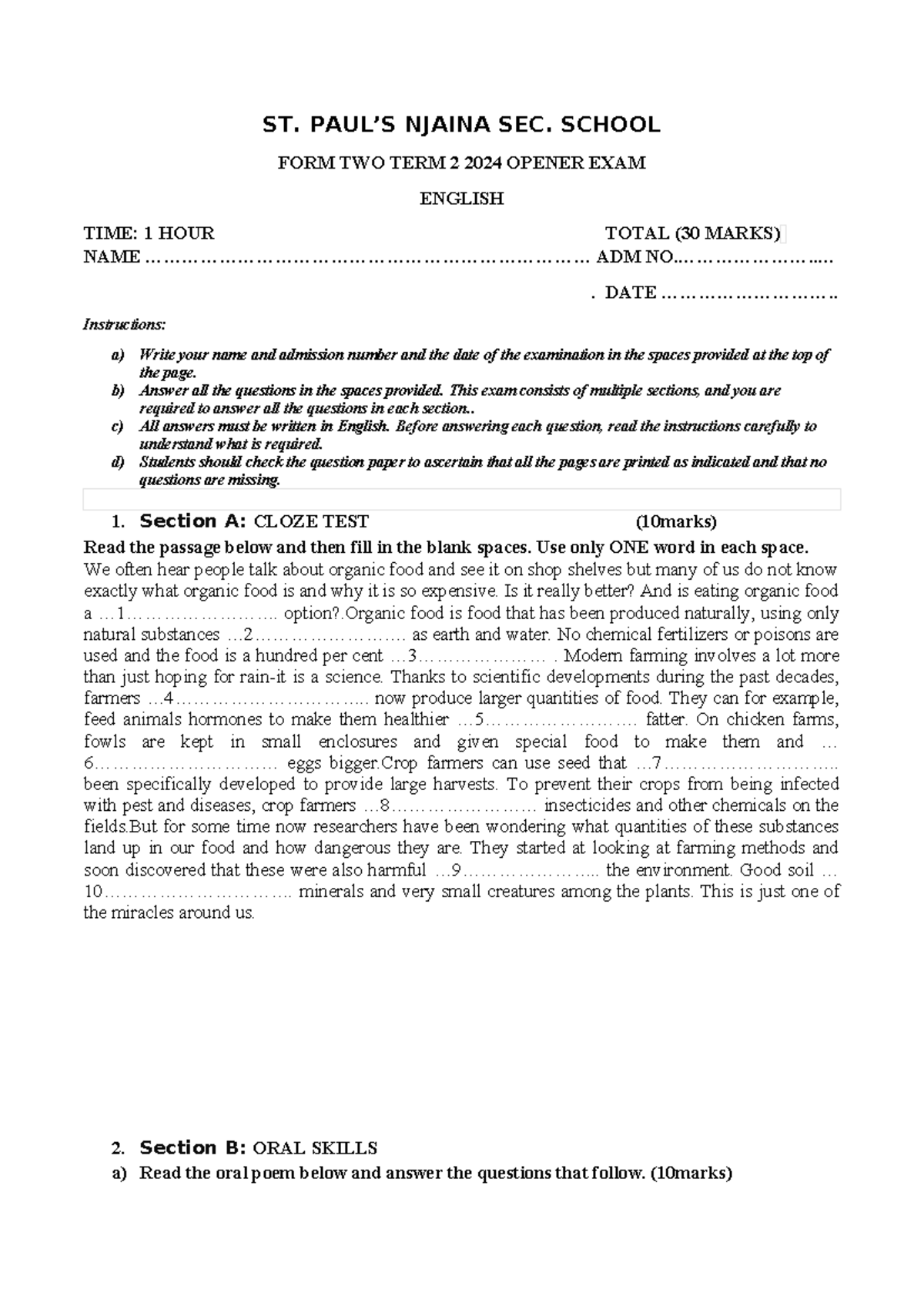 Form 2 English Exam - EXAM - ST. PAUL’S NJAINA SEC. SCHOOL FORM TWO ...