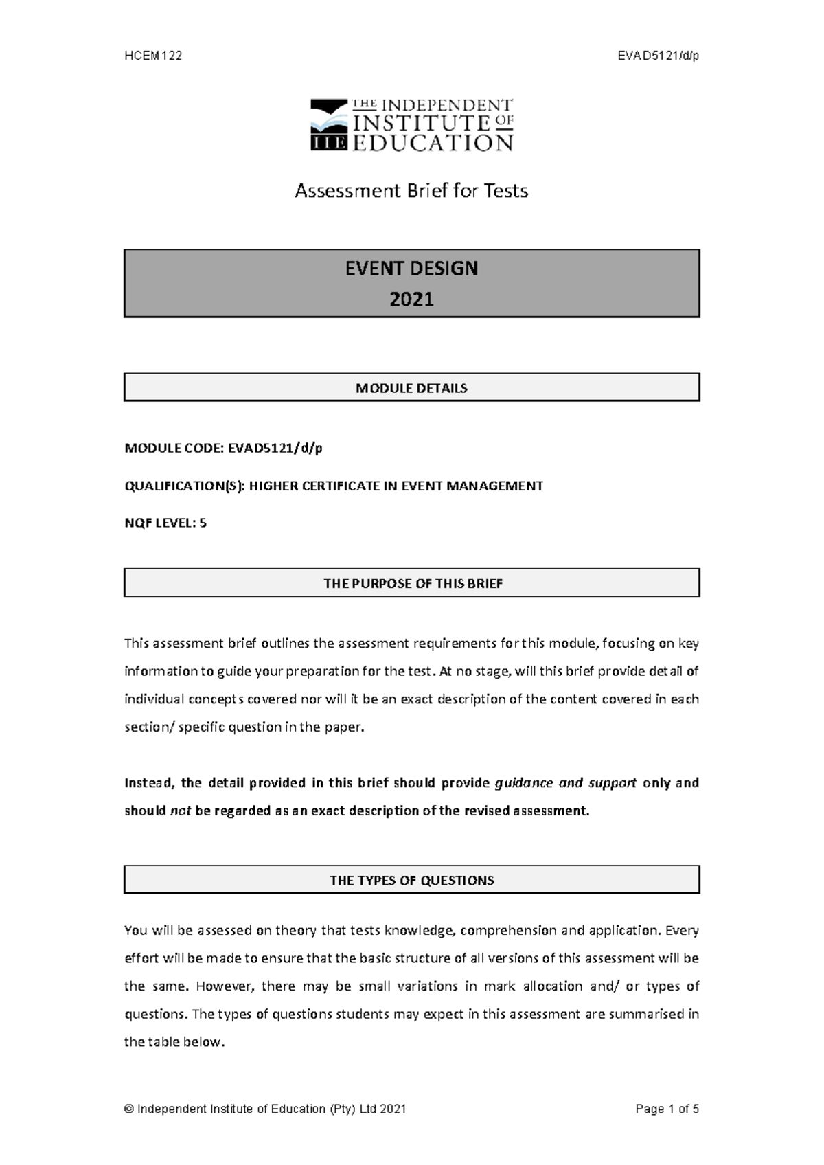 Formative Assessment Brief 1 - Assessment Brief for Tests EVENT DESIGN ...