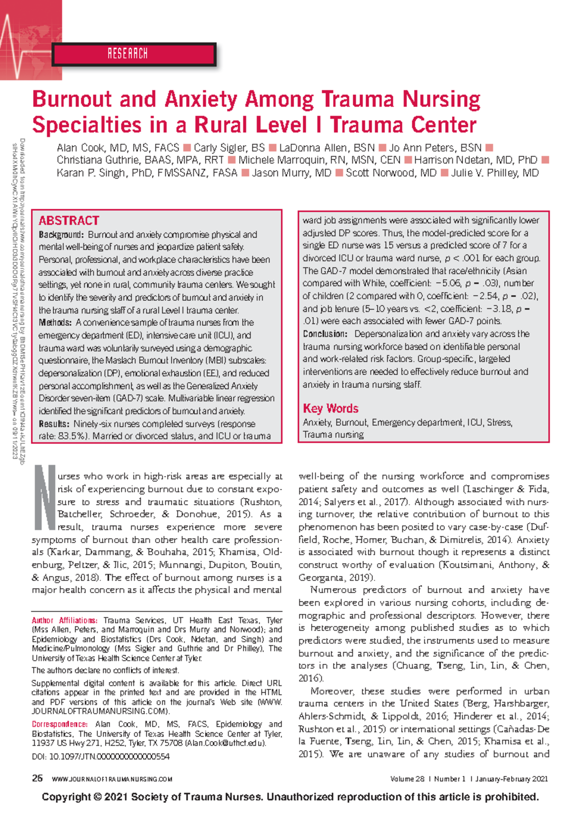 Burnout and anxiety among trauma nursing - 26 WWW ...