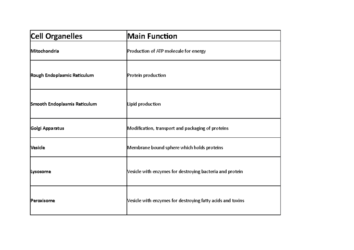Cell Organelles Table Summary - Cell Organelles Main Function ...